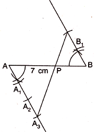 Draw a line segment AB of length 7 cm. Using ruler and compasses, find a point P on AB such that ...